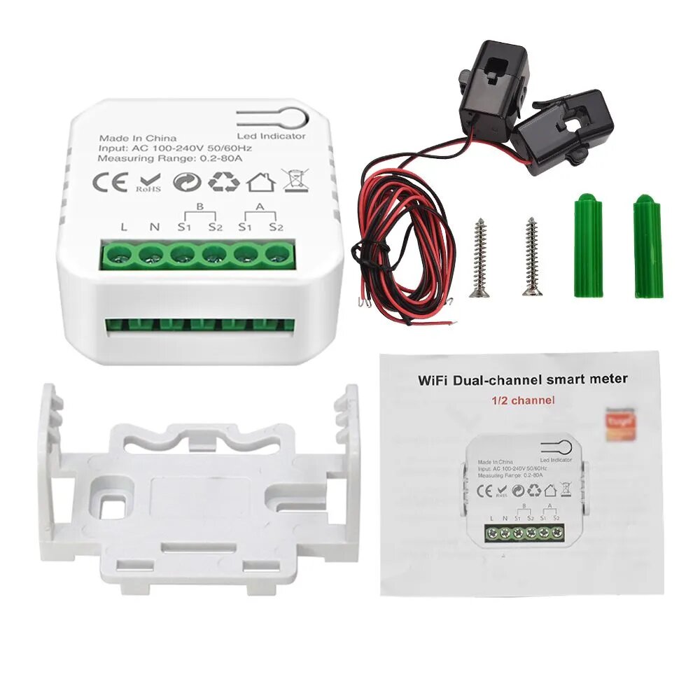 Умный счетчик электроэнергии с монитором мощности и токовыми клещами на 80А для анализа потребления