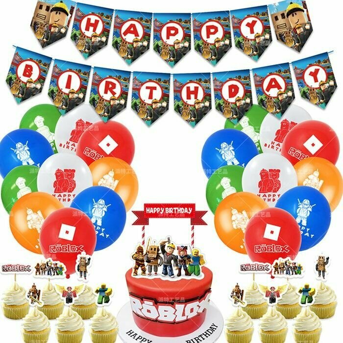 Набор для дня Рождения Roblox: 18шариков, растяжка, топперы для торта и пирожных (13шт(
