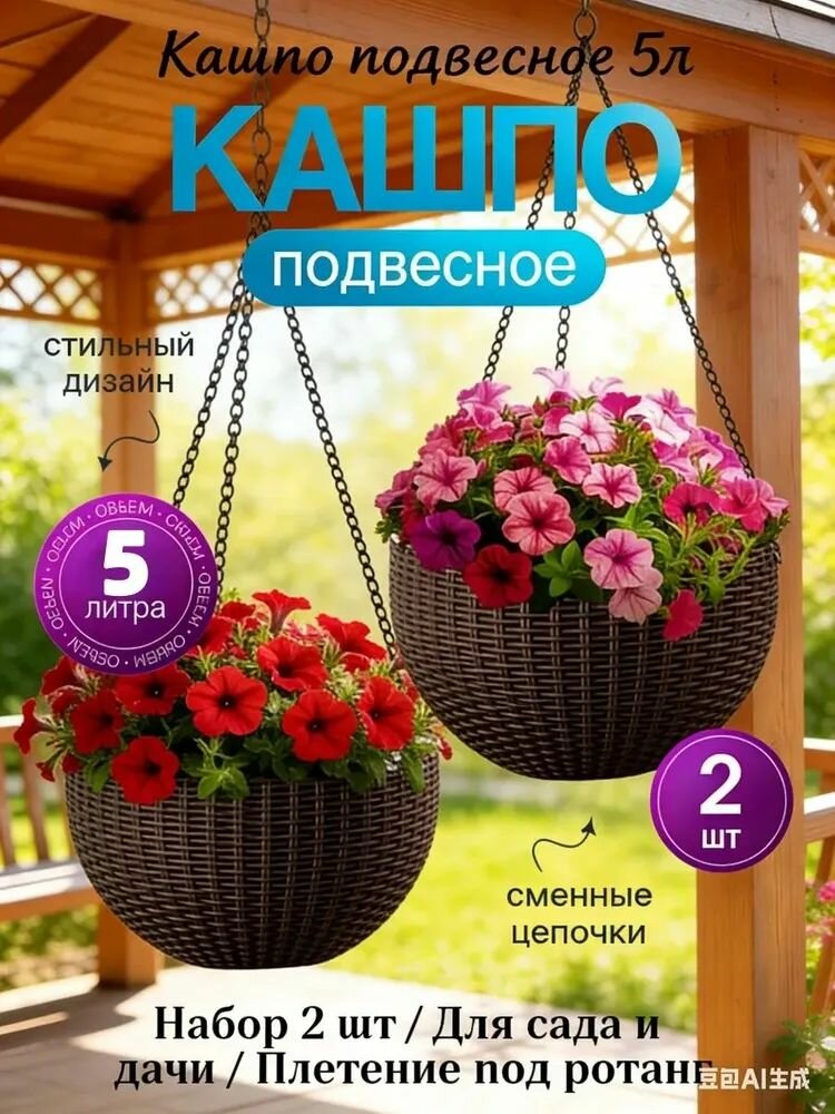 Подвесное кашпо из ротанга 5л 45см 2шт светло коричневый шоколад для цветов с поддоном и цепью дома сада