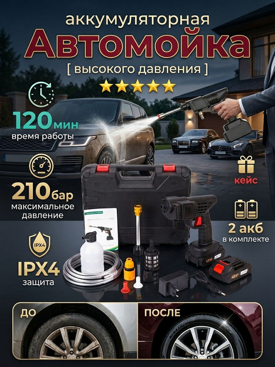 Аккумуляторная автомойка , высокого давления , для автомобиля в кейсе, 2 аккумулятора, минимойка с пенообразователем