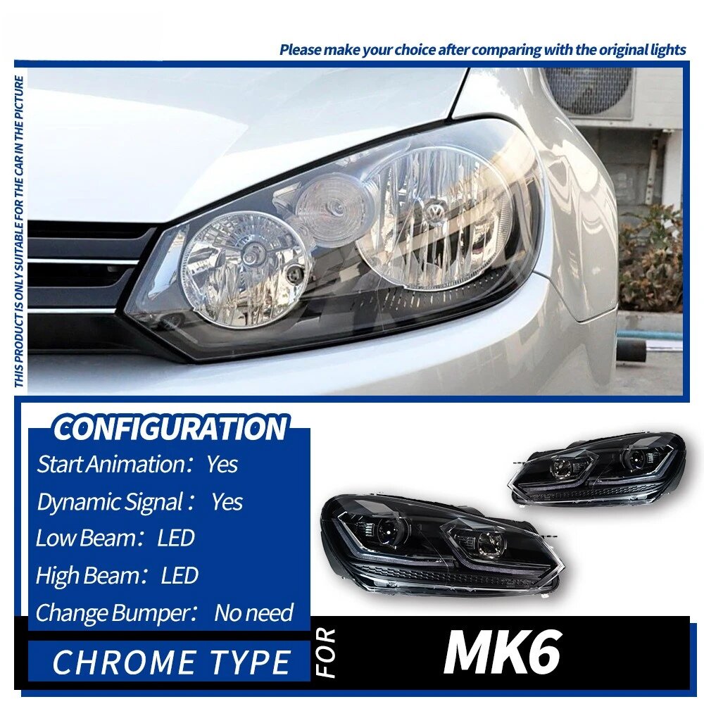 Фара автомобиля с LED для Volkswagen Golf 6 Mk6 2009-2012. Свет дневного ходьбы. Автомобильные аксессуары. Модификация внешнего вида.