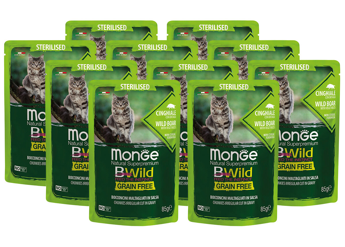 Корм влажный Monge Bwild Grain Free Cat Sterilised беззерновые взрослых кастрированных котов и стерилизованных кошек с мясом дикого кабана и овощами в соусе пауч, 85 г 10 шт