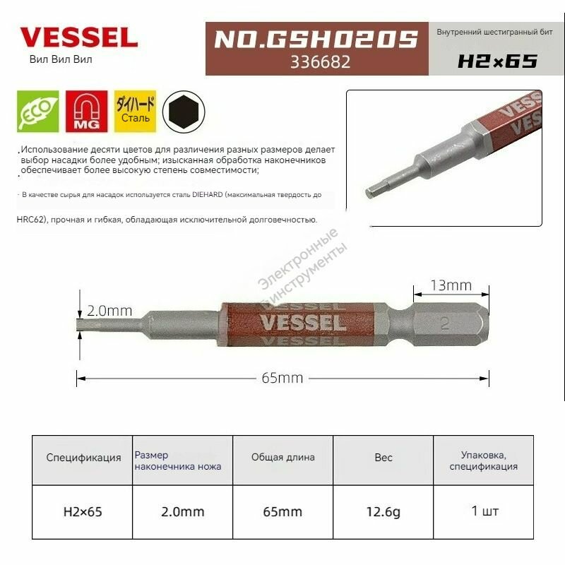 Японская отвертка VESSEL в комплекте GSH020S только внутренний шестиугольник / противоположная сторона 2 65 мм