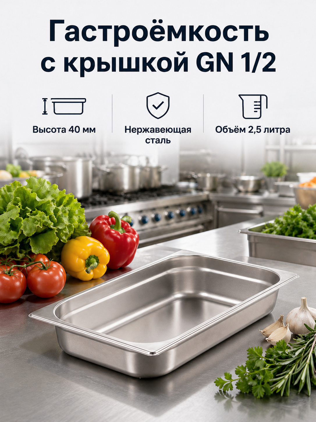 Гастроемкость GN 1/2 40 мм нержавеющая сталь