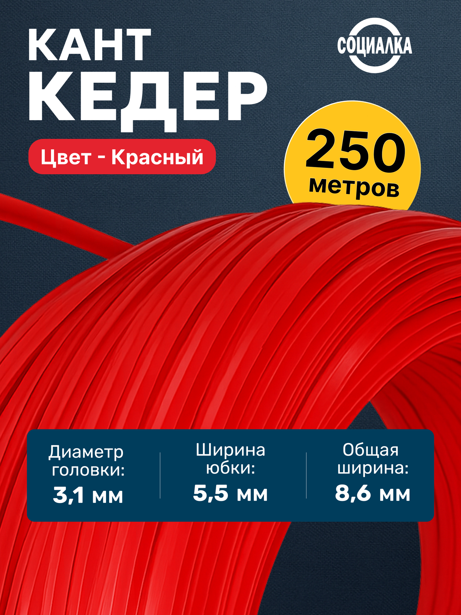 Кедер (кант, жилка) для сумок, авточехлов и одежды, намотка 250м, красный/размер: ширина головки 3,1мм; длина юбки 5.5мм