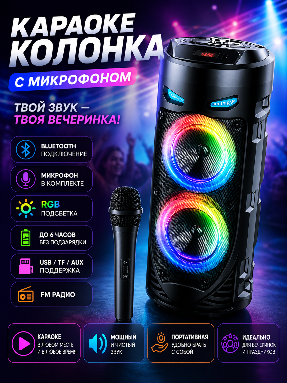 Портативная Bluetooth колонка ZQS-4239 с караоке и светомузыкой: мощный звук и стильный дизайн