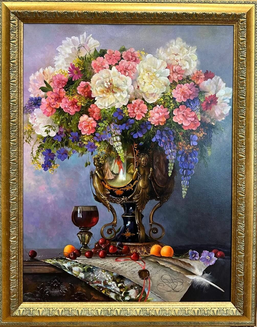 Картина маслом "Натюрморт с глицинией". Холст/Масло. Размер 80х60. Автор Крупенко Е. Н.