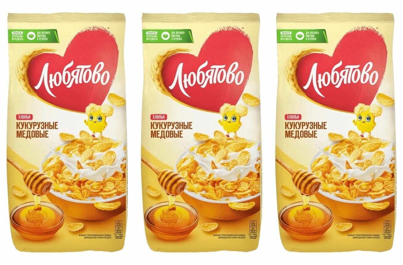Любятово Хлопья кукурузные медовые, 250 г, 3 уп