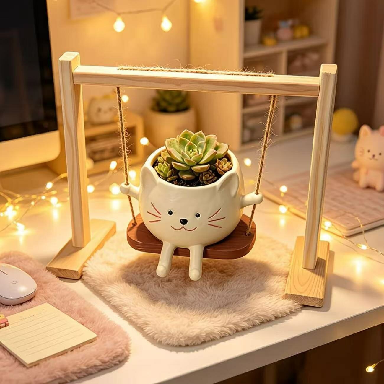 ХИТ продаж! Горшок-качели «Кот» для суккулентов с деревянной подставкой (пластик/смола)