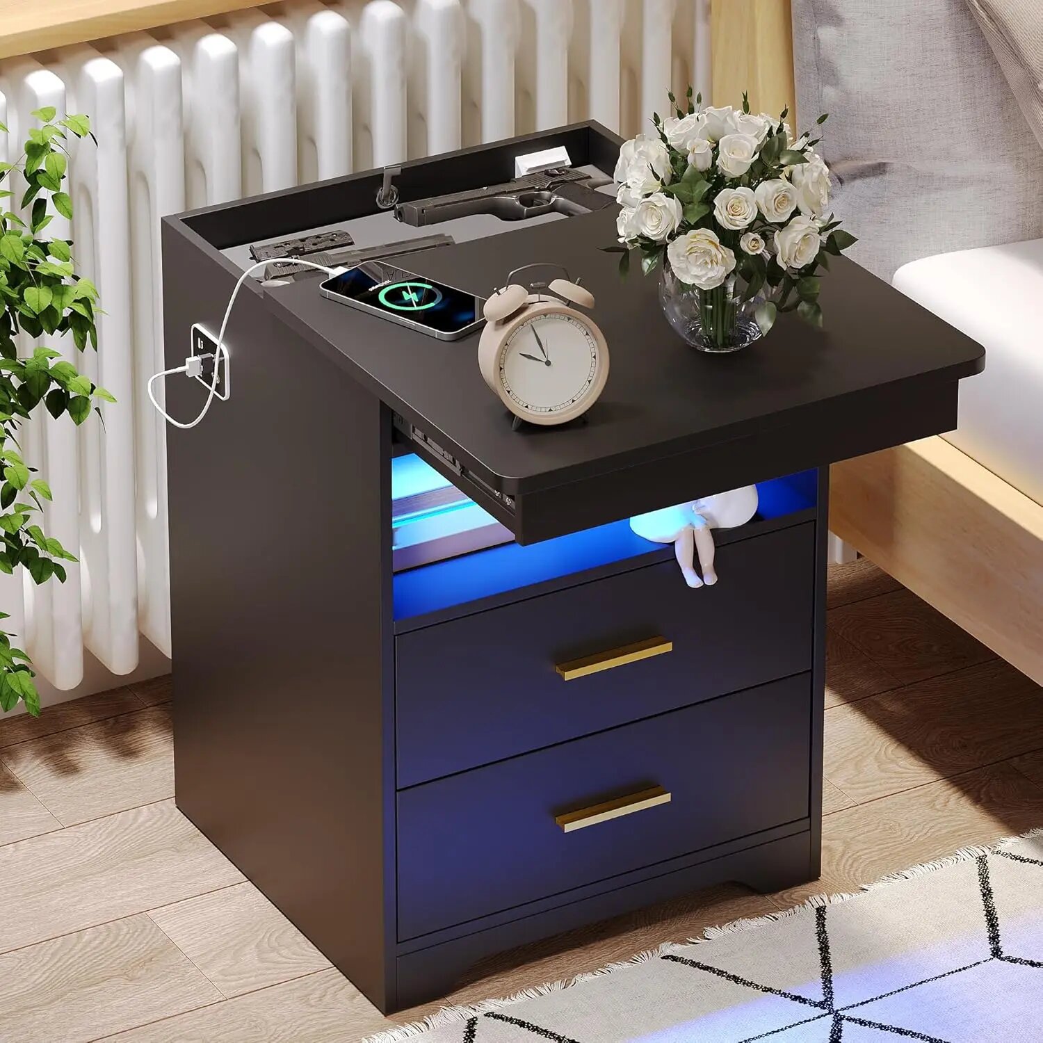 Умная светодиодная ночная тумба с ящиком для оружия, зарядкой USB-C, датчиком движения человека, черный