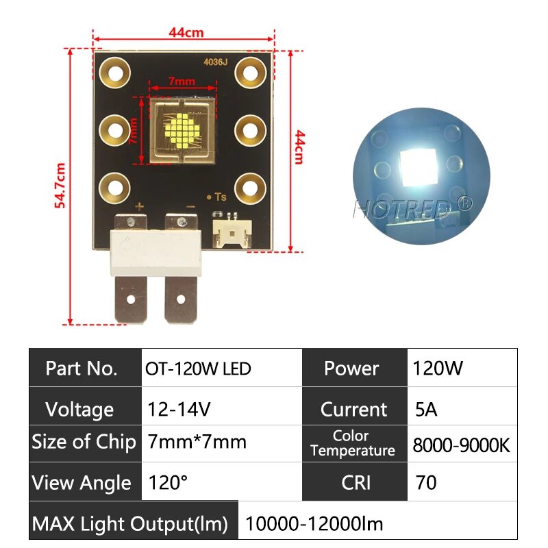 HotRed 120W LED, 12-14V, 8000-9000K, 120°