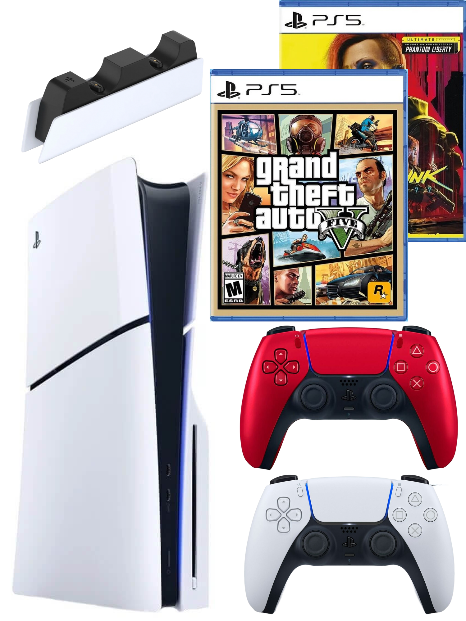 Игровая приставка Sony PS 5 Slim, 1ТБ(с дисководом)+2 геймпад+Зарядная станция+2 игры (GTA5 , Cyberpunk 2077)