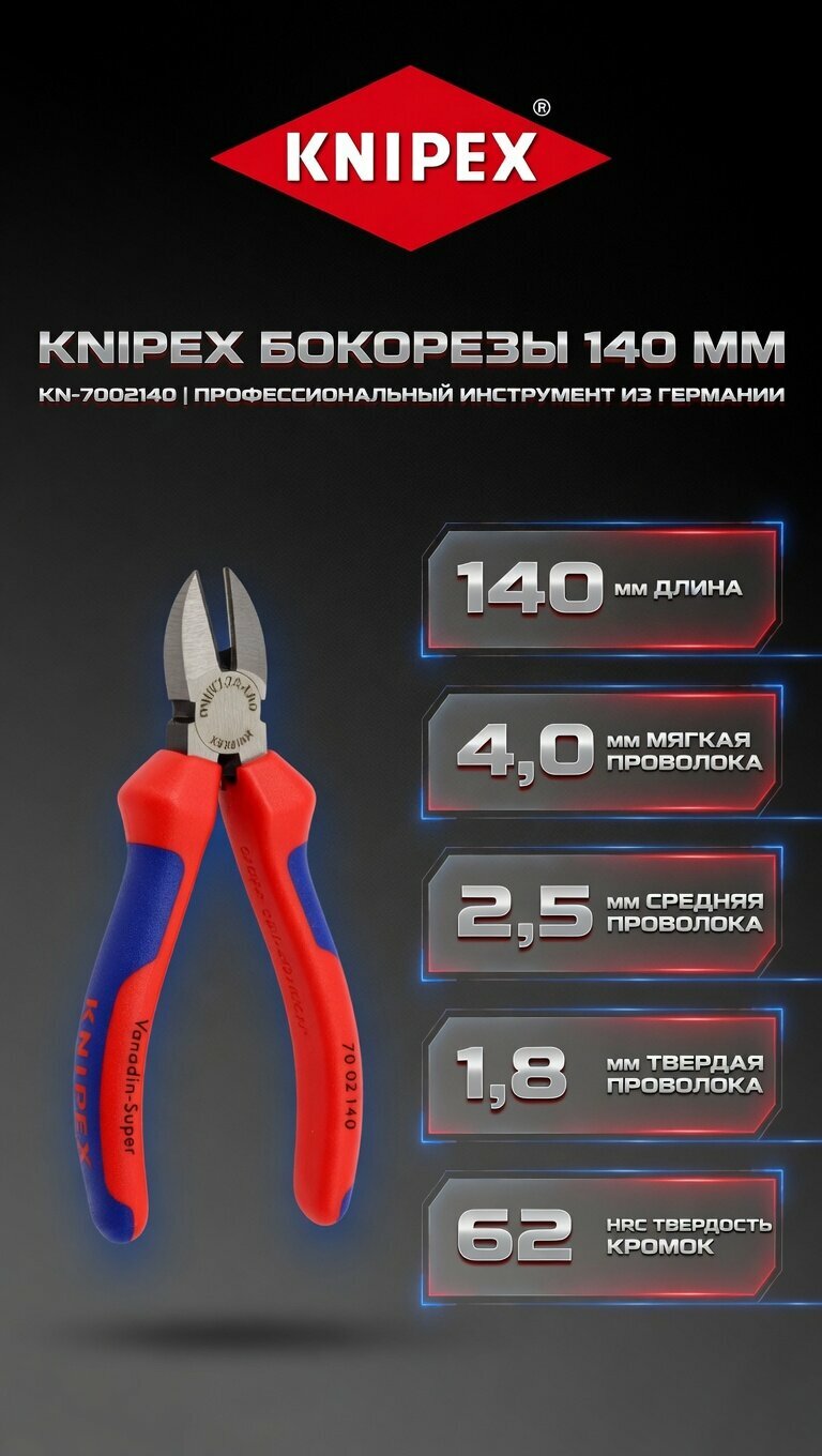 Бокорезы 140мм рез: провол. мягк. d4 мм, средн. d 2.5мм, тверд. d 1,8мм KN-7002140