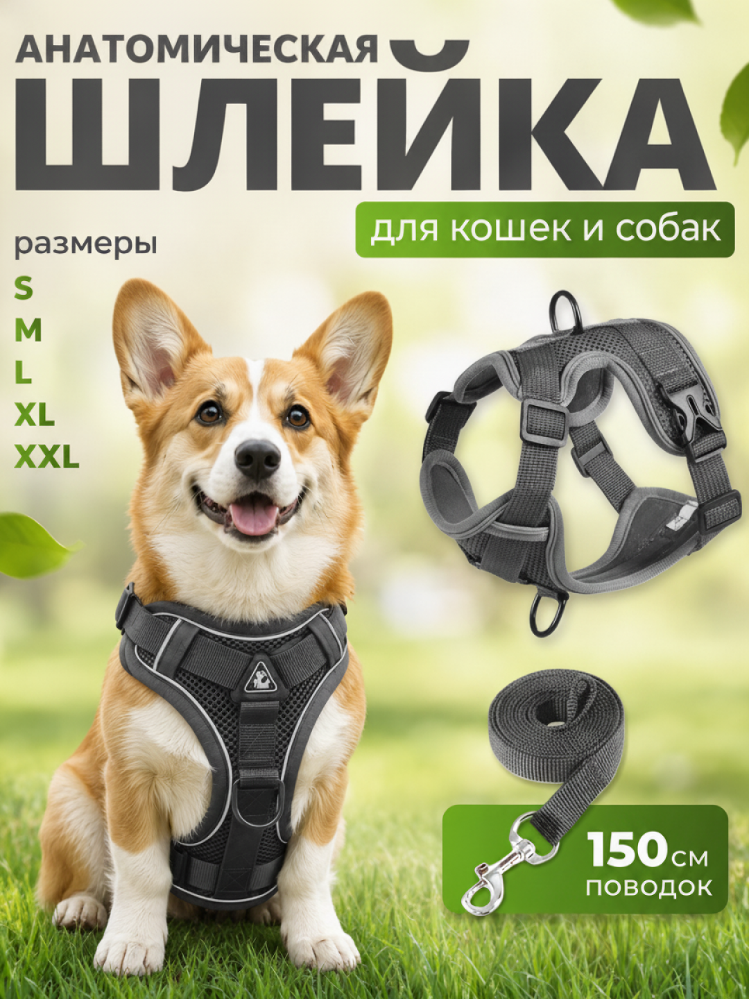 Шлейка прогулочная для собак и кошек регулируемая, анатомическая с поводком 1.5 метра