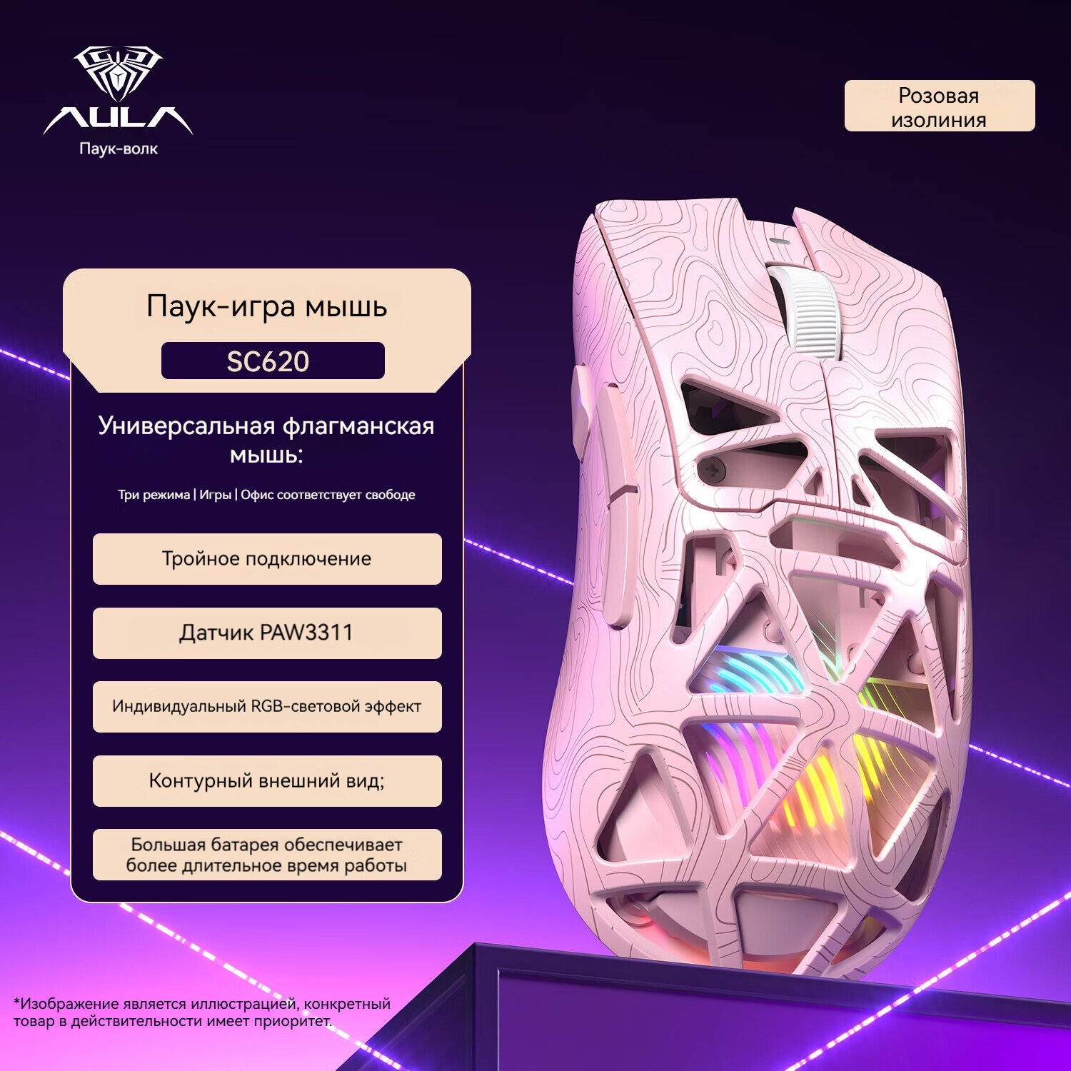 AULA SC620 hollow Игровая мышь gaming mouse поддерживает трехрежимное подключение RGB-подсветку и дизайн контурных линий