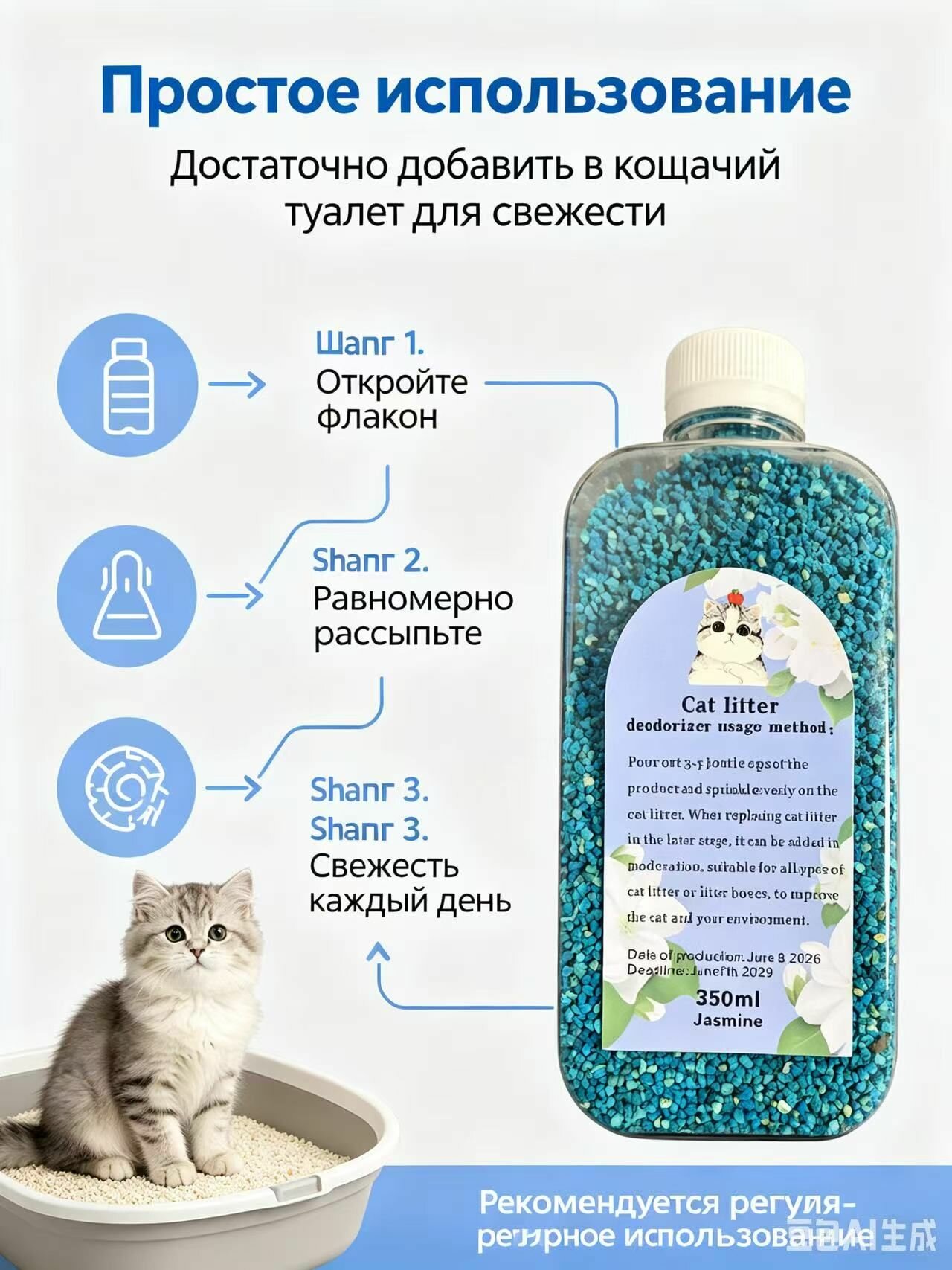 Жасминовый освежитель для кошачьего туалета 350мл, убирает неприятные запахи, подходит для всех видов наполнителя