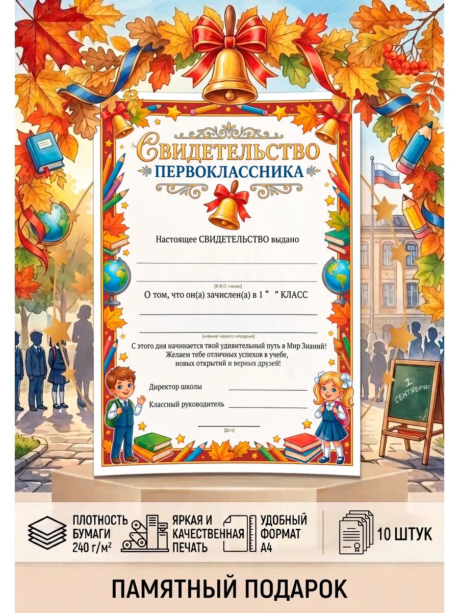 Свидетельство первоклассника на 1 сентября 10шт.