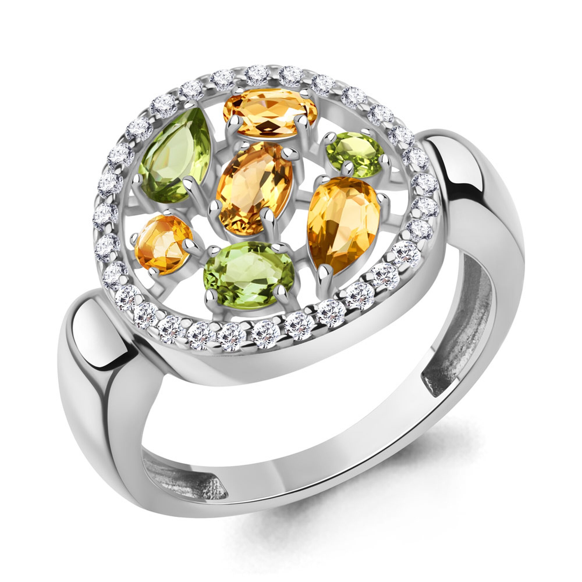 Кольцо Diamant online, серебро, 925 проба, родирование, фианит, цитрин, хризолит