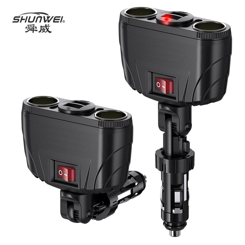 Shunwei автомобильный распределитель питания 1x4 с двумя USB-портами и розеткой для прикуривателя - черный
