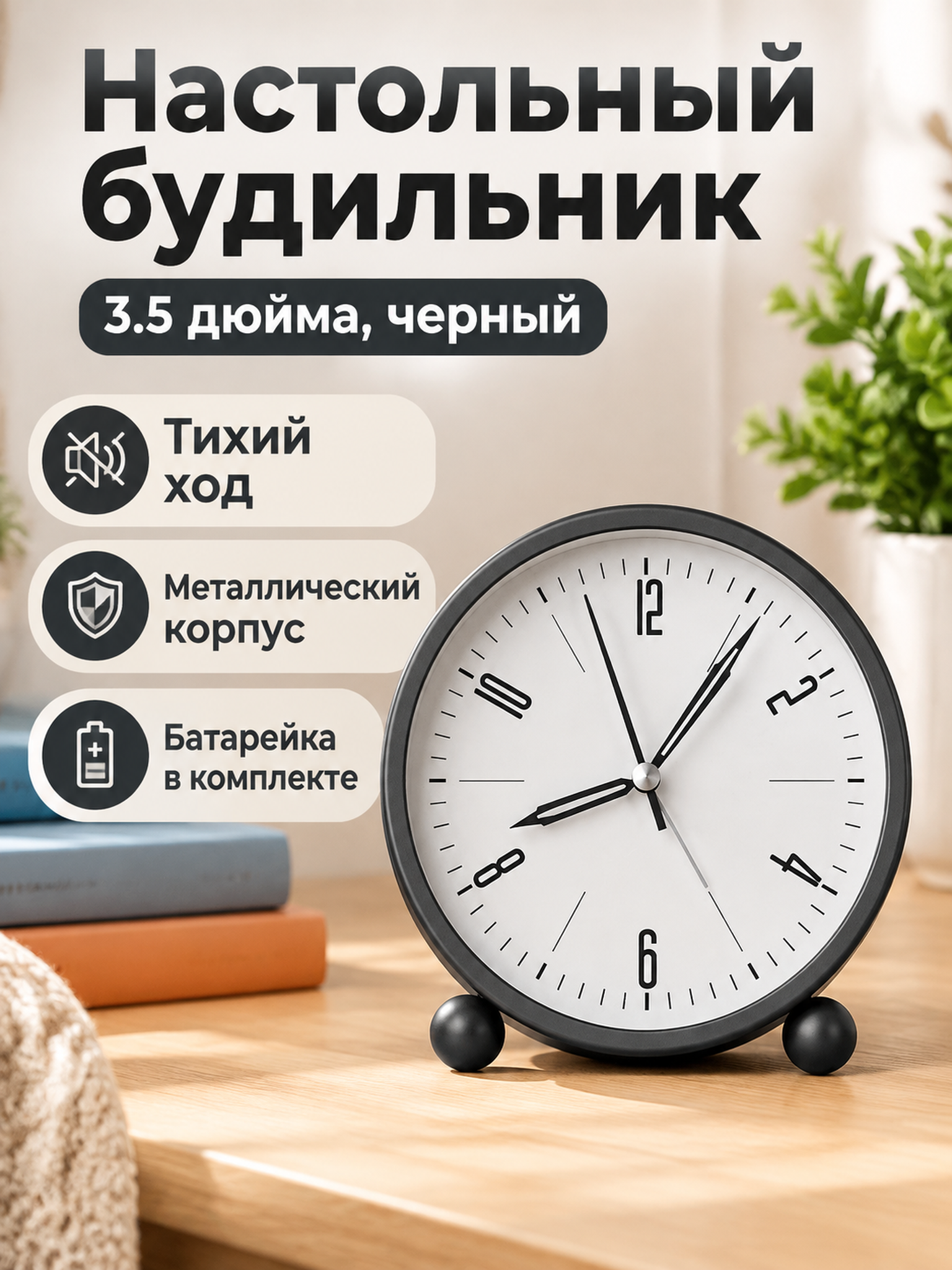 Настольные часы с тихим ходом, 3.5 дюйма, черные, с батарейкой