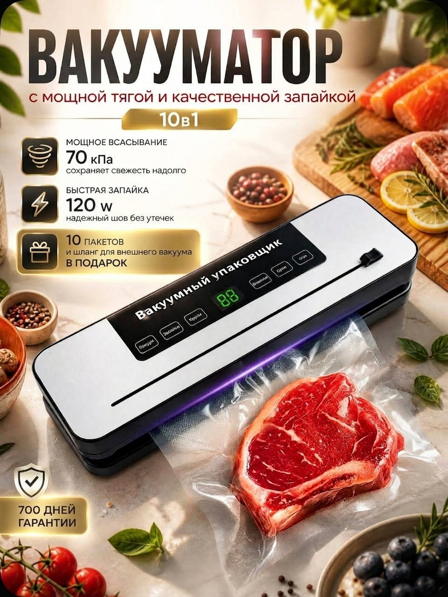Вакууматор для продуктов с резаком и пакетами, мощность 120 Вт, 20 пакетов в комплекте, пластиковый корпус