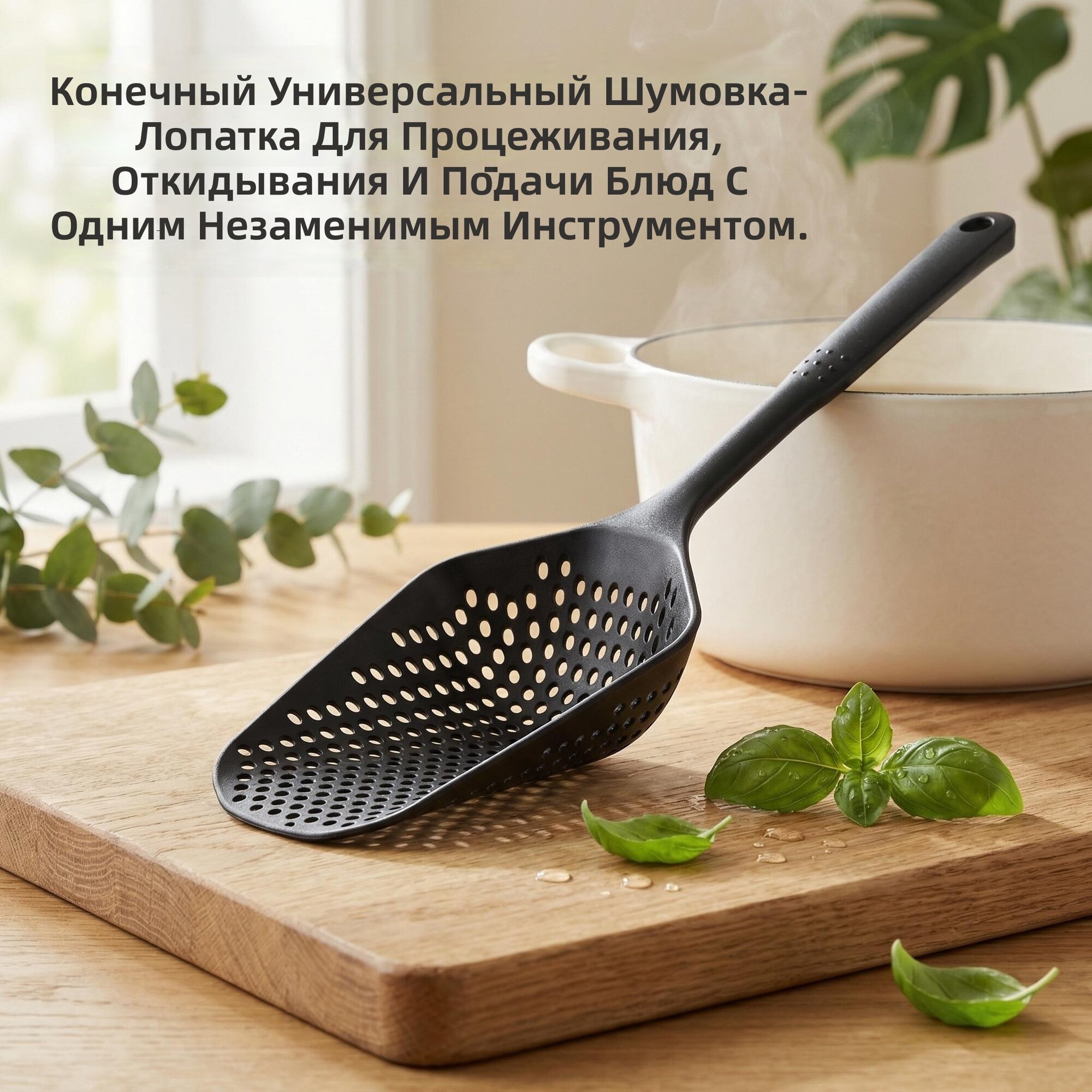 Дуршлаг кухонный с длинной ручкой, пластиковый, нескользящий, для жарки, слива макарон и промывки овощей, черный, 1 шт.