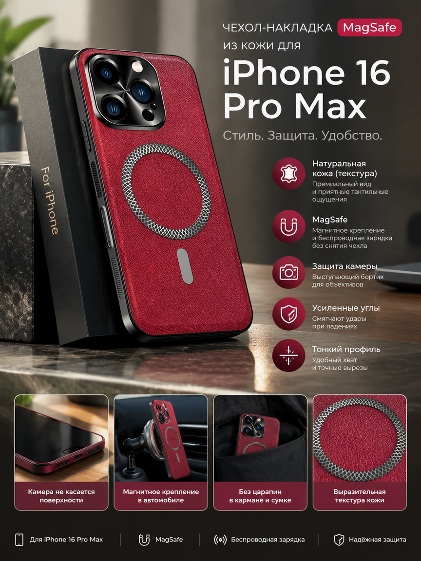 Чехол-накладка MagSafe из кожи для iPhone 16 Pro Max, малиново-красный, защита камеры