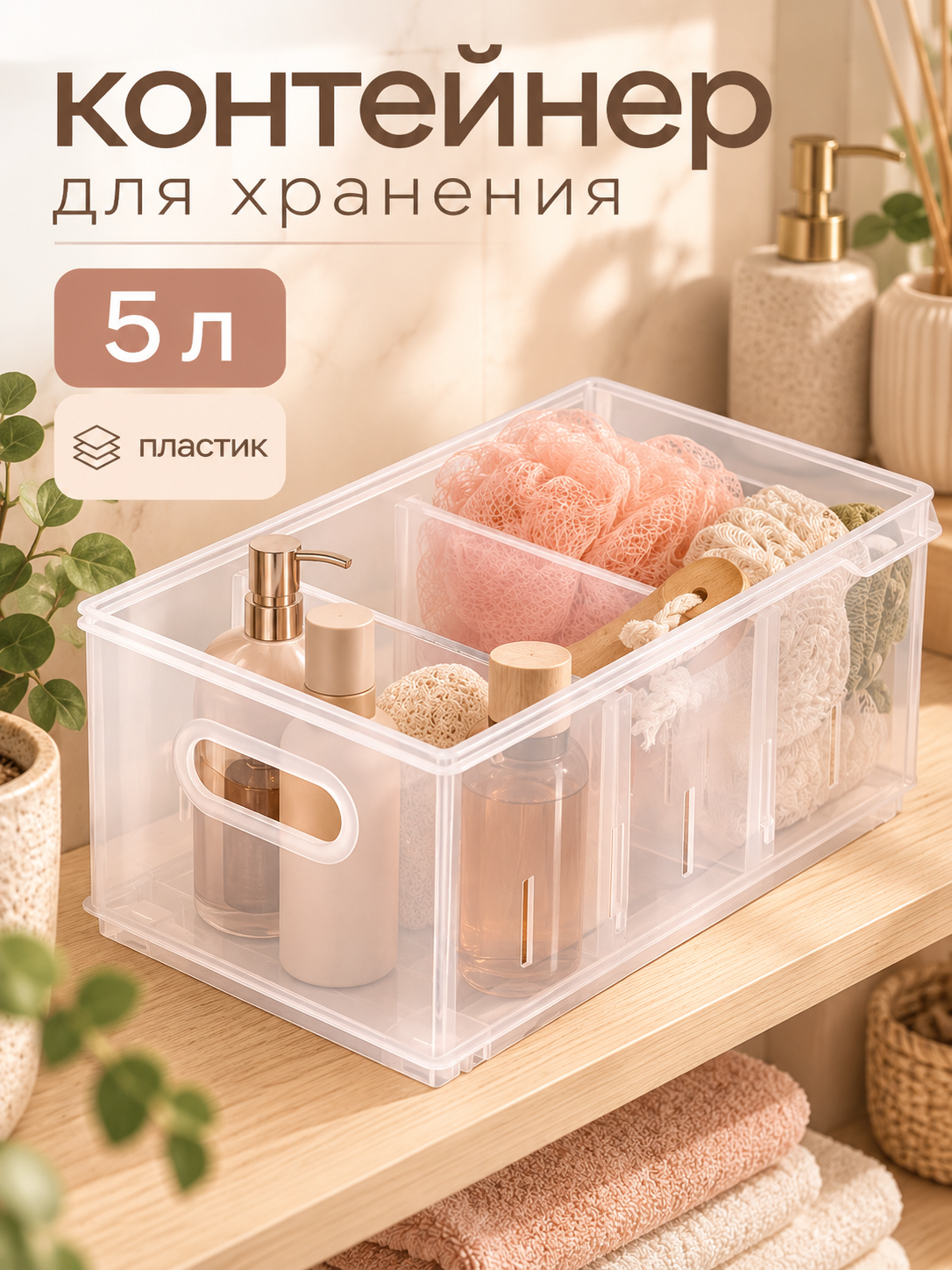 Контейнер для хранения без крышки Econova ROLLY, 5 л, пластик, 16.8×30.5×12.9 см, прозрачный