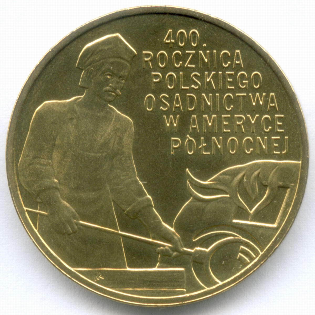 2 злотых 2008 год. Польша. 400 лет польским поселениям в Северной Америке. Латунь AUNC