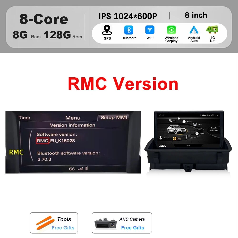 Беспроводной CarPlay Android 15 для Audi Q3 2011-2018 Автомобильный мультимедийный радионавигатор GPS WIFI Проводной автоматический DSP 8-дюймовый сенсорный экран RMC 8G 128G CAM
