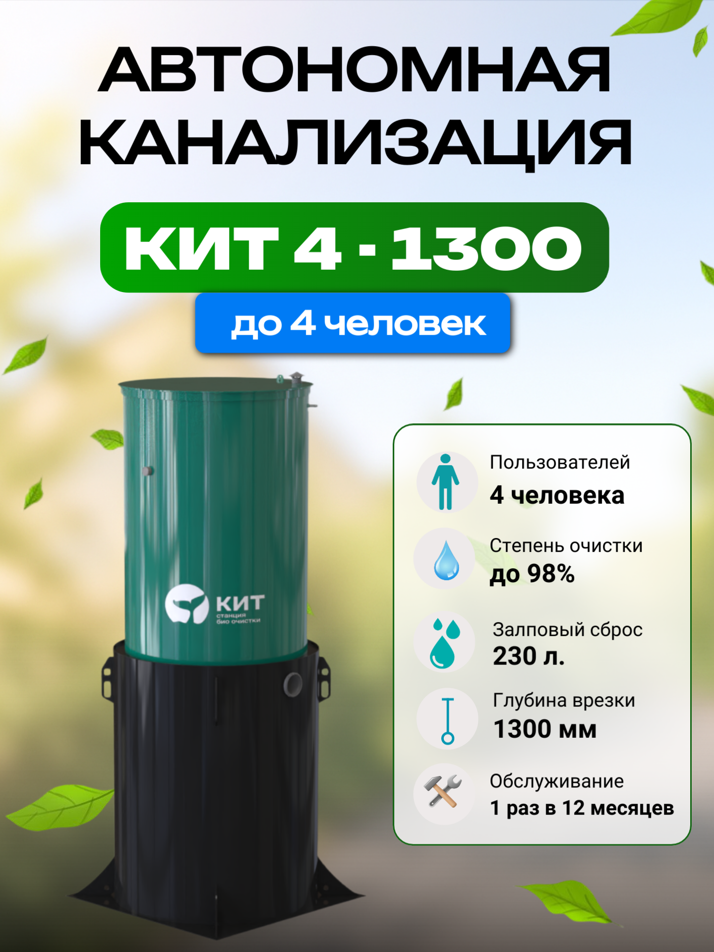 Септик КИТ-4-1300 для дома и дачи, глубина врезки 1300 мм, 4 пользователя, 230 л залповый сброс