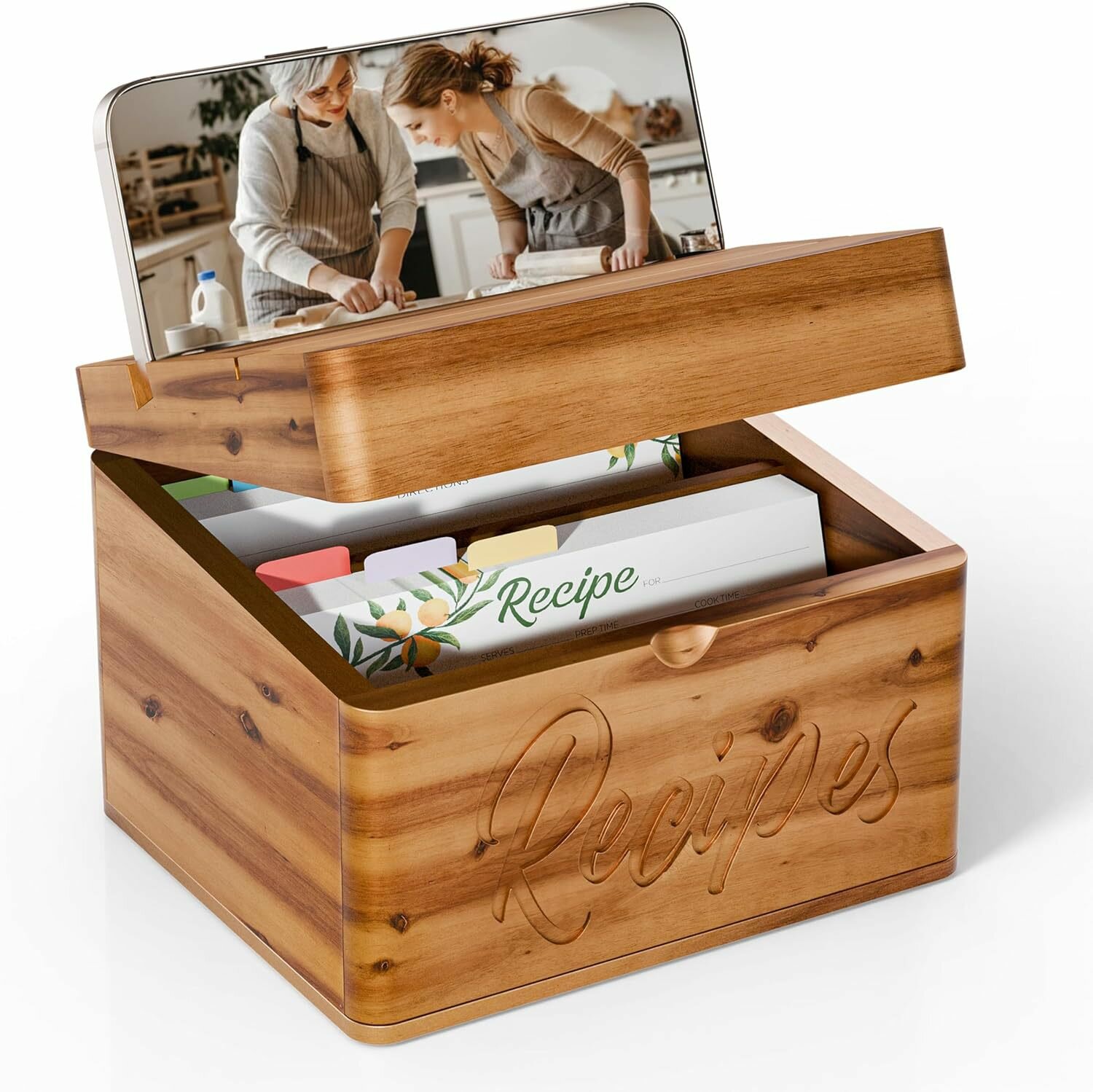 Коробка для хранения рецептов, квадратная деревянная коробка с держателем для телефона, коробка для хранения на кухонной столешнице, коробка для отображения меню