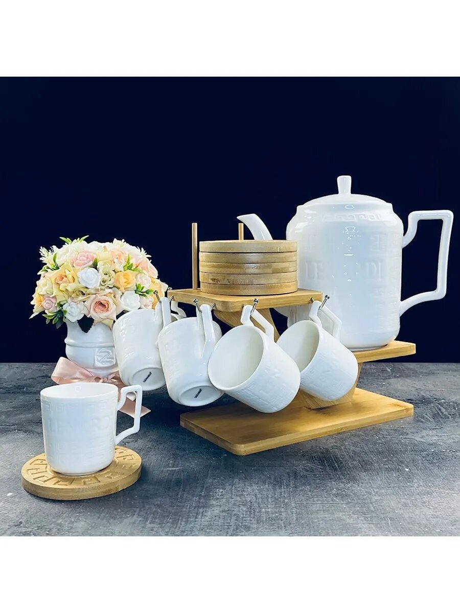 Кофейный сервиз на подставке 13 пр Lenardi Bamboo, фарфор, 130 мл