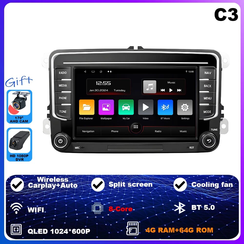 Android15 для VW/Volkswagen Skoda Octavia Golf 5 6 Touran Passat B6 Polo Jetta 4-64 AHD DVR