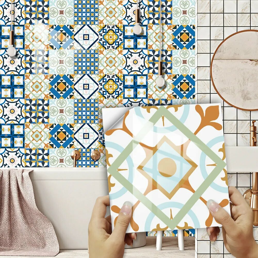Самоклеящаяся плитка для стен под старинный кафель, виниловые наклейки водостойкие (ПВХ 0.49 мм), набор 10 шт, съемные, для кухни, ванной 10x10 см