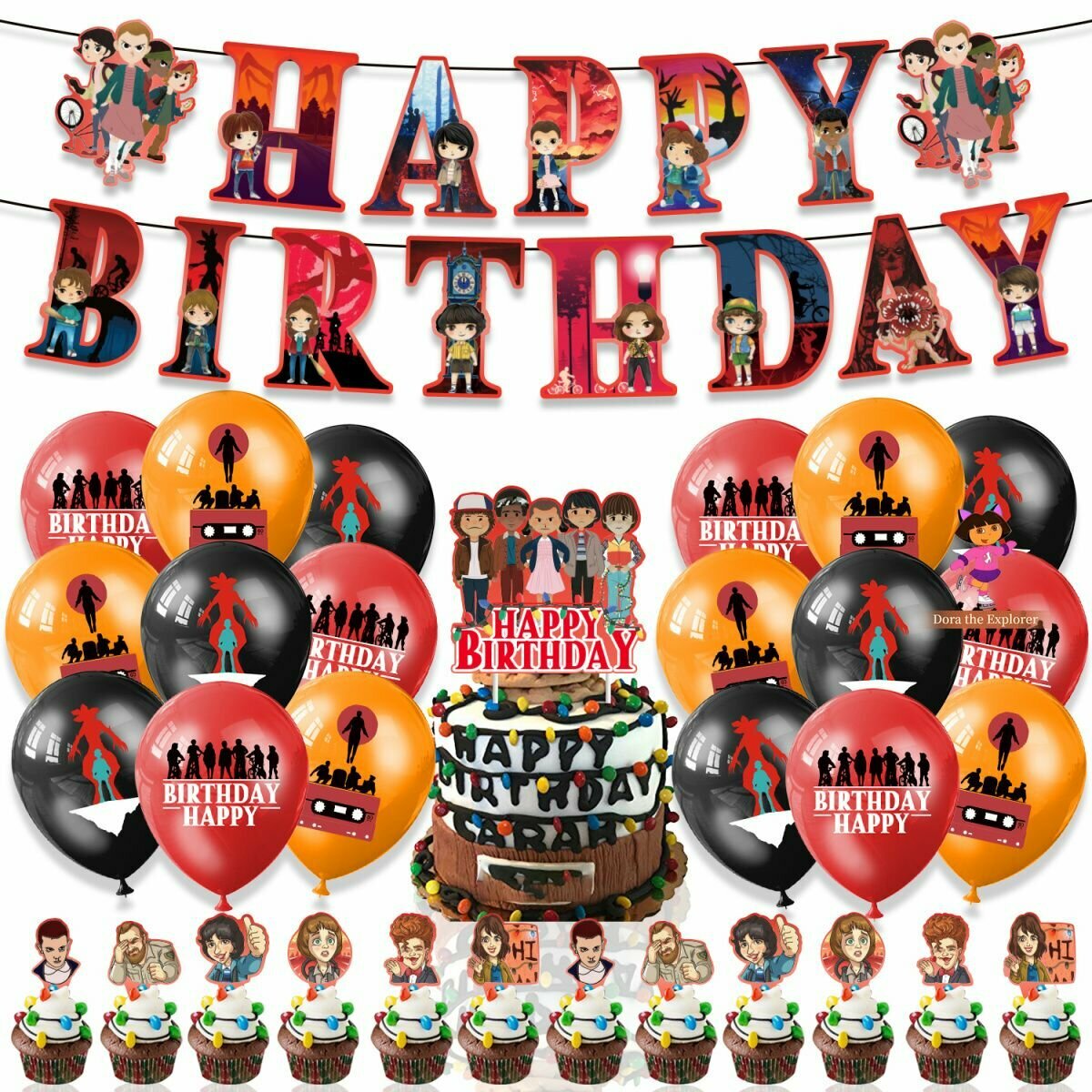 Набор для детского дня рождения Очень Странные Дела (Stranger Things), гирлянда-растяжка, флажки, шарики, украшения для торта, тематические