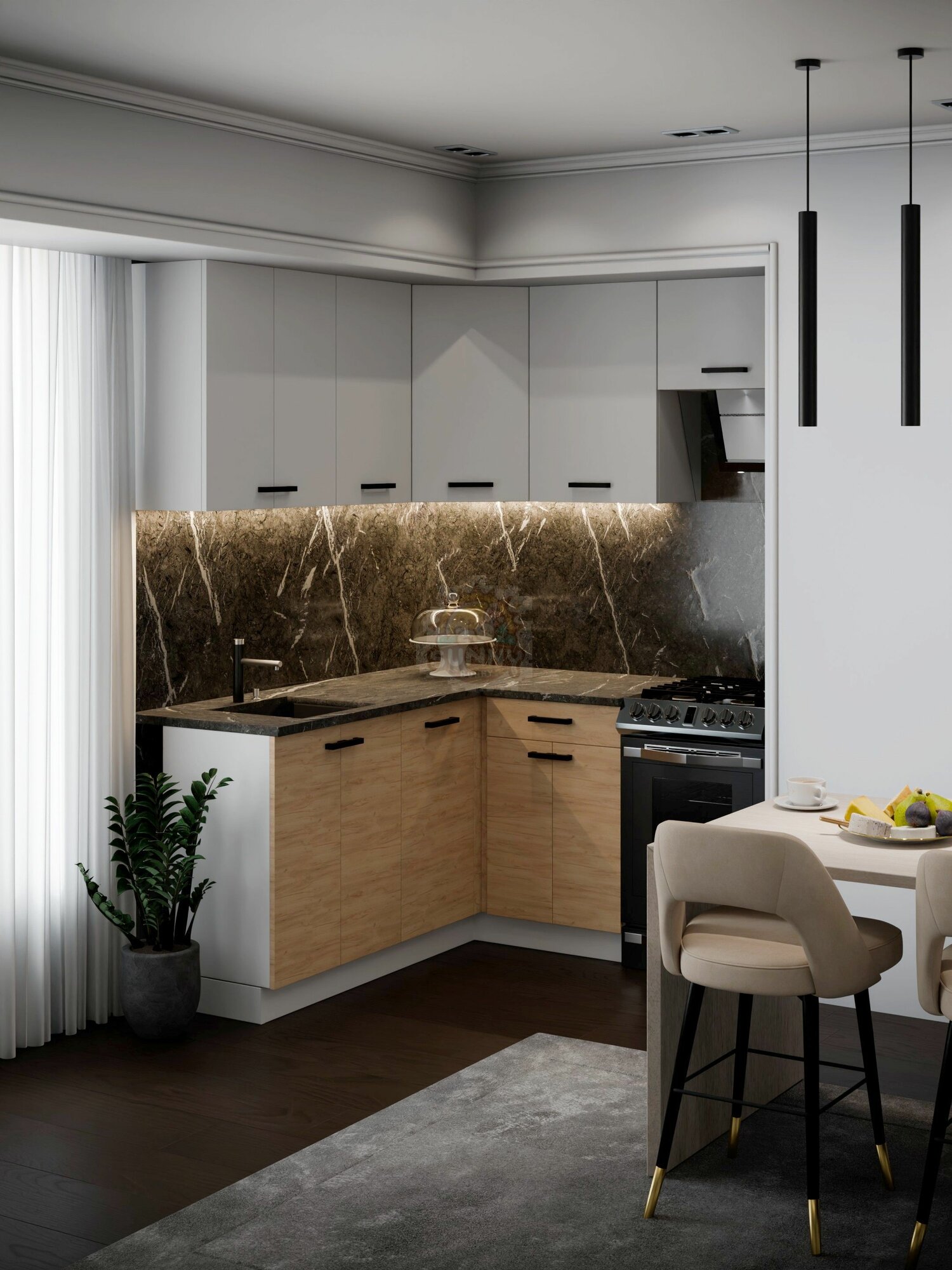 Кухня модульная угловая со столешницей Мария, 160 х160см, Белый гладкий/Дуб Вотан ЛДСП, 180х160х60см, столеш-а 60см