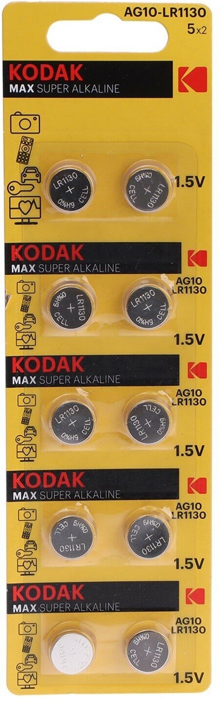 Батарейка алкалиновая Kodak, AG10 (G10, 389, LR1130, LR54)-10BL, 1.5 В, блистер, 10 шт.