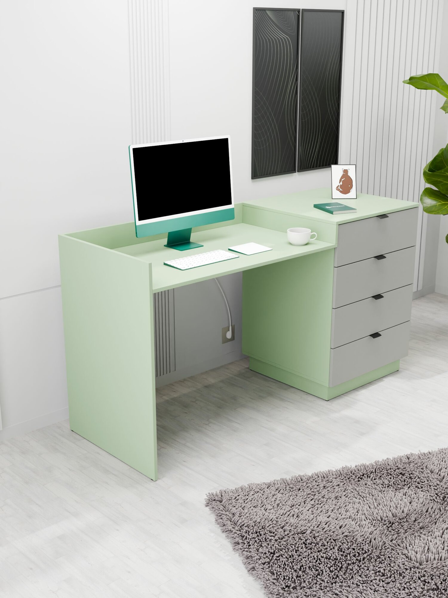 Изумлит Стол письменный для офиса и дома Бридж 163.2х86.6х60 см, мятный - шиншилла серая