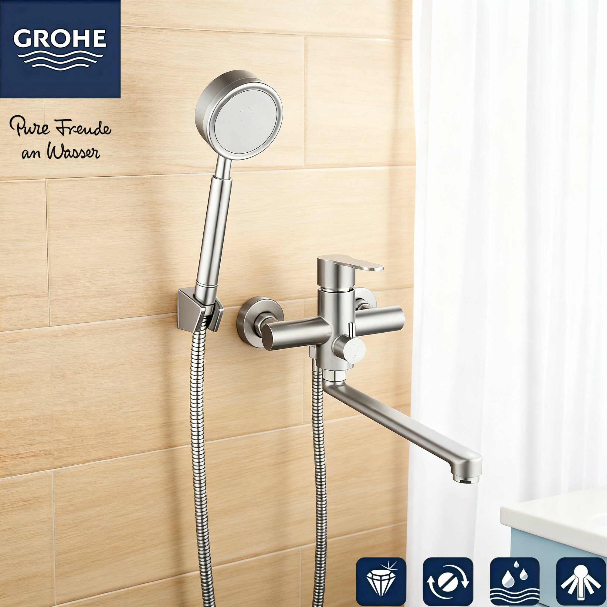 GROHE-смеситель для ванны с душемсатин длинный излив 35 см.