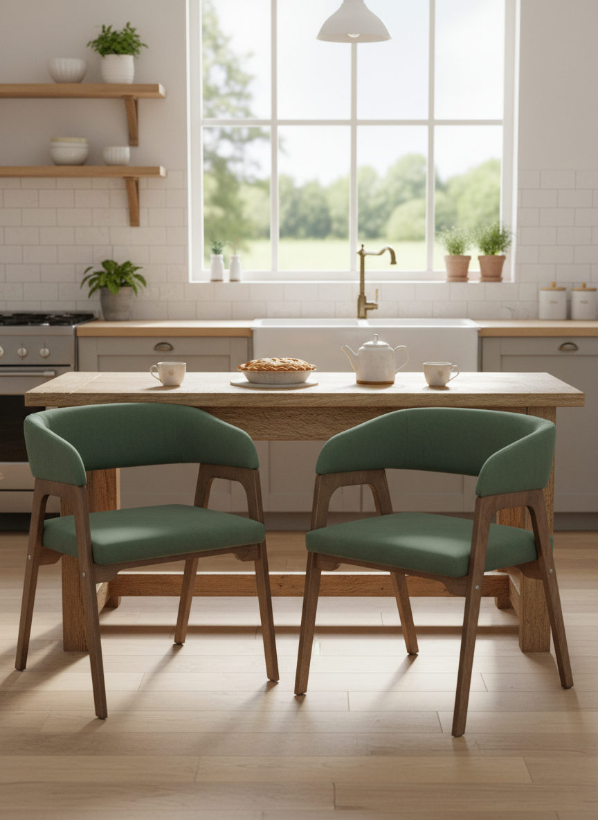 Набор стульев 2 шт мягкая посадка с подлокотниками и мягкой спинкой для кухни, гостиной и офиса, зеленый велюр + светлые ножки