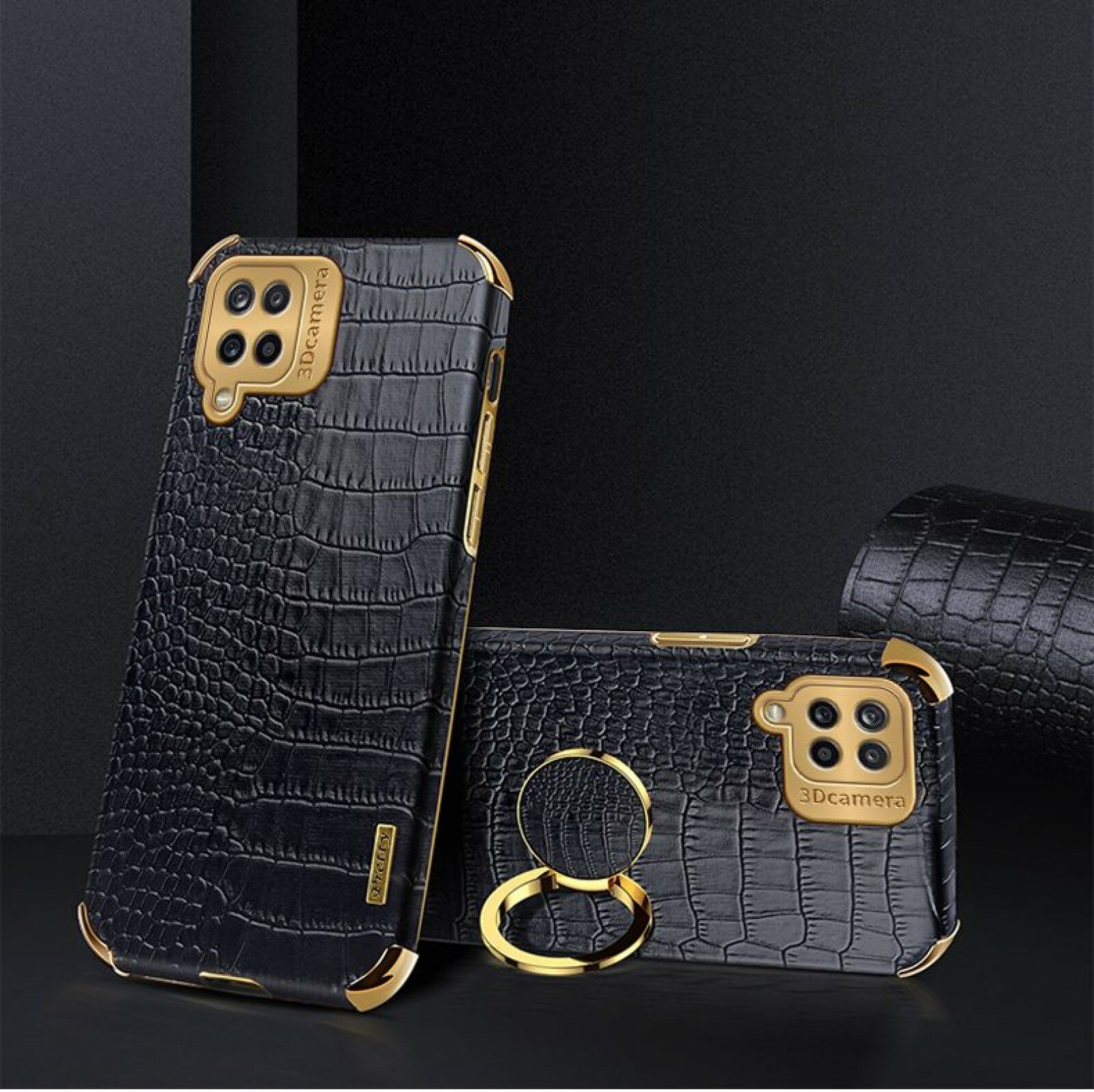 Чехол MyPads для Samsung Galaxy A12 / M12 черный с текстурой под крокодиловую кожу и металлическим кольцом-подставкой