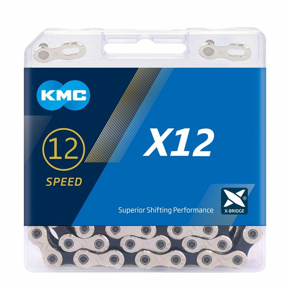 KMC X12 126L, серебристо-черная велосипедная цепь, с замком, в коробке