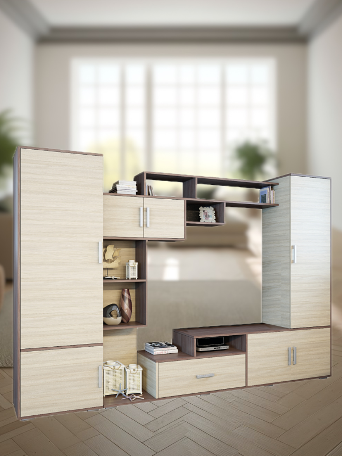 Модульная гостиная с пеналом центральная секция, шкаф пенал, Пекин, 261.6х178.5х39.8 см, Ясень шимо темный / светлый