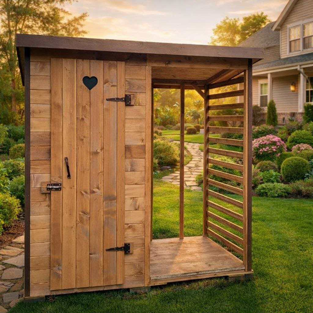 Дачная туалетная кабина с дровником деревянная.