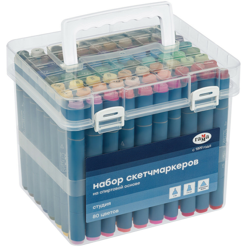 Набор двусторонних маркеров для скетчинга Гамма "Студия" 80цв, основные цвета, корпус трехгранный, пулевид./клиновид. наконечники, пласт. кейс, 363686