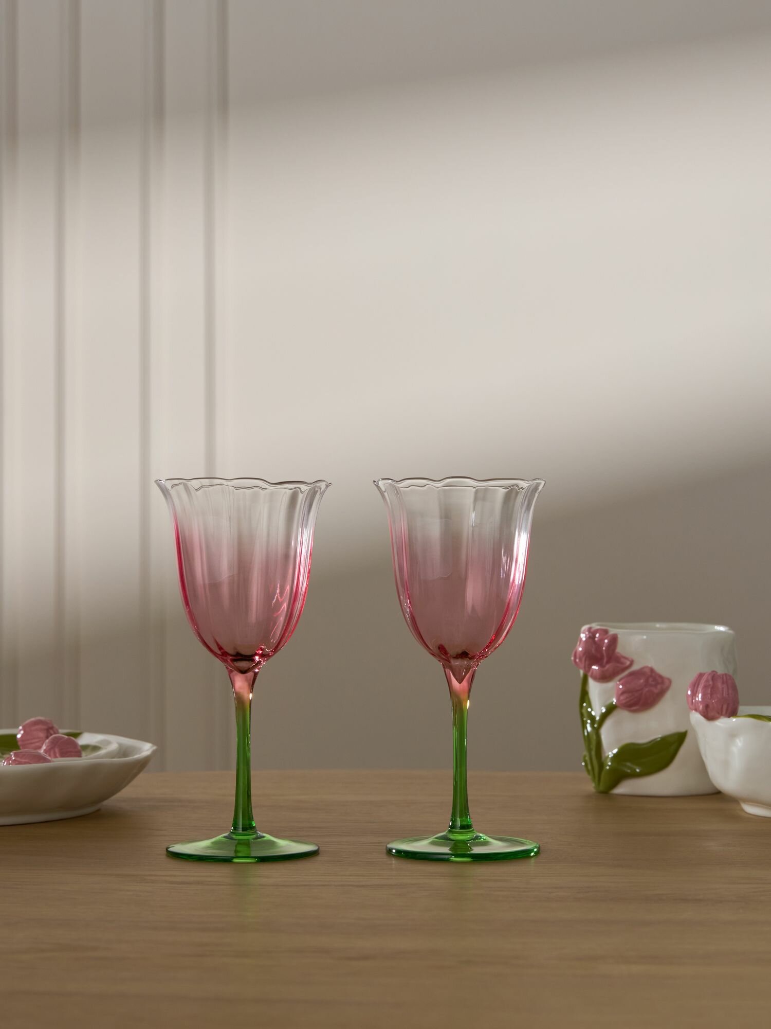 Cozy Home, Набор бокалов "Тюльпан" 23х14х23 см, цв. розовый/зеленый, стекло, 260 мл - 2 шт