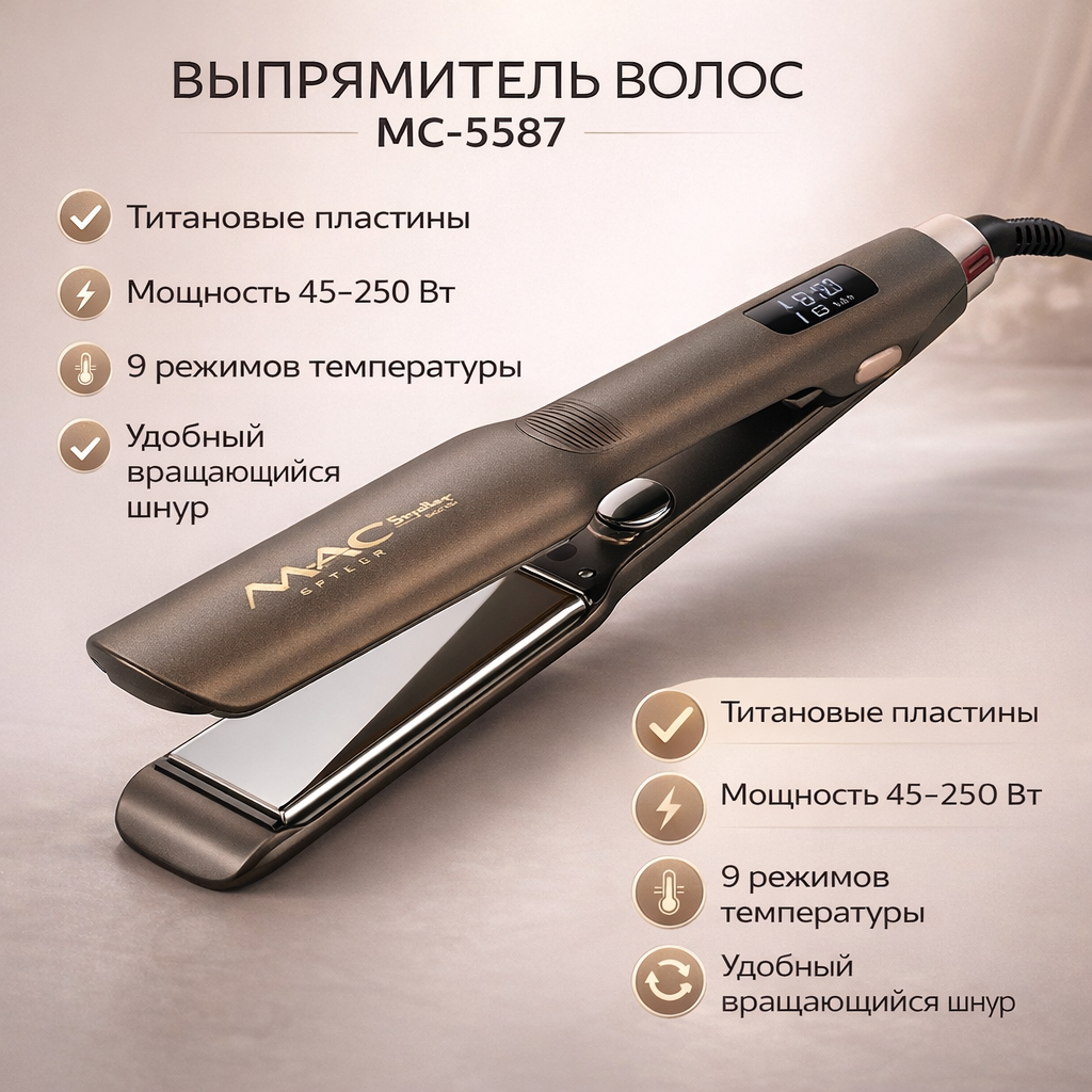 Выпрямитель волос MC-5587 с титановыми пластинами и дисплеем VoltZone