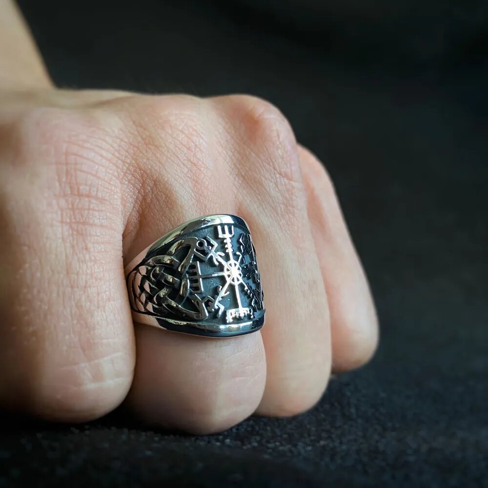 Кольцо Перстень, рунический компас Вегвизир, мужское, из нержавеющей стали, размер 21