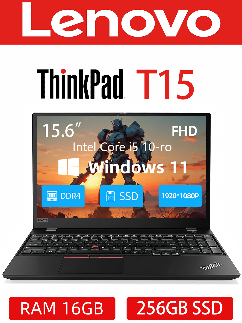 Lenovo Ноутбук 15.6", Intel Core i5-10210U, RAM 16ГБ, SSD 256 ГБ, Intel UHD Graphics, Windows Pro, (T15 Gen1)